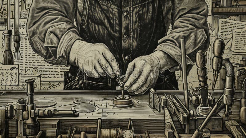 Black-and-white Illustration of a Craftsman at Work Stock Photo - Image ...