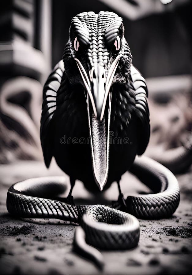 Black and White Illustration of a Crow and Snake Stock Photo - Image of ...