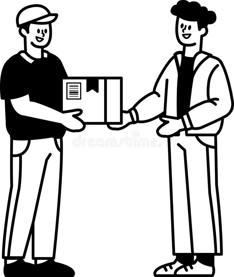 Black and White Illustration of a Delivery Man is Delivering a Parcel ...