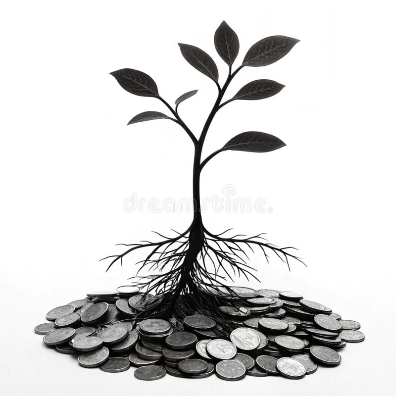 Black and White Illustration of a Money Tree Growing from Coins with ...