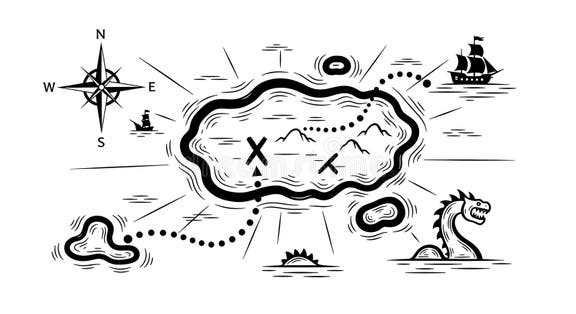 Illustrated Map of Treasure Adventure with Ship, Compass and Monster ...