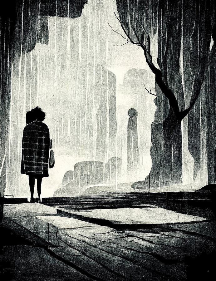 Black and White Illustration of Depression, Lonely, Lonesome, Cartoon ...