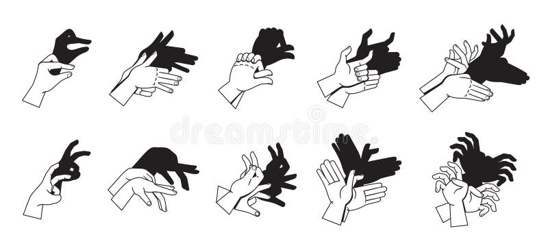 Black and White Illustration of Different Hand Shadow Puppets Creating ...