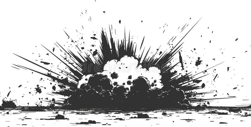 Black and White Illustration of a Dynamic Explosion with Debris. Stock ...