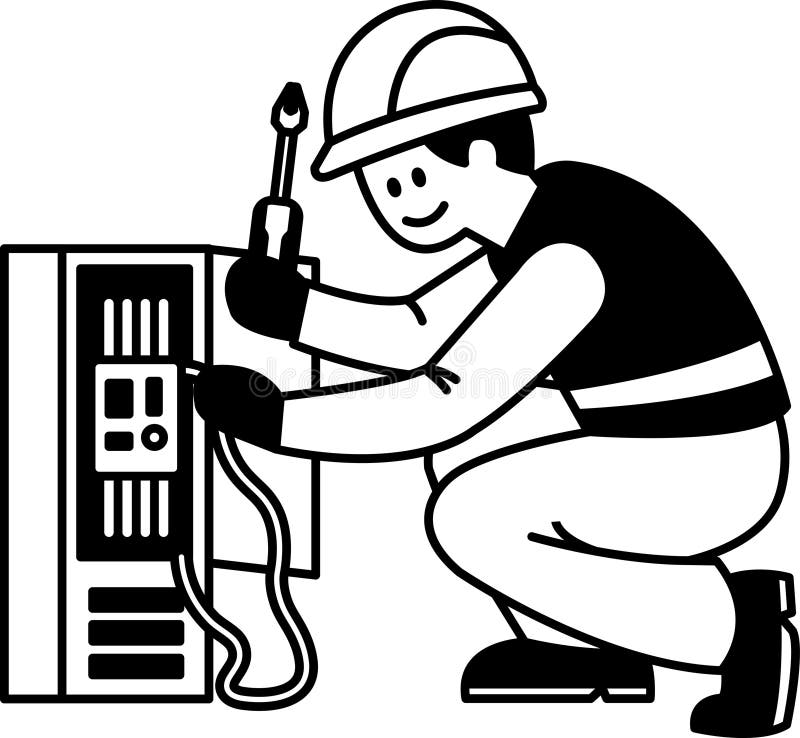 Black and White Illustration of the Electrician is Installing Wiring ...