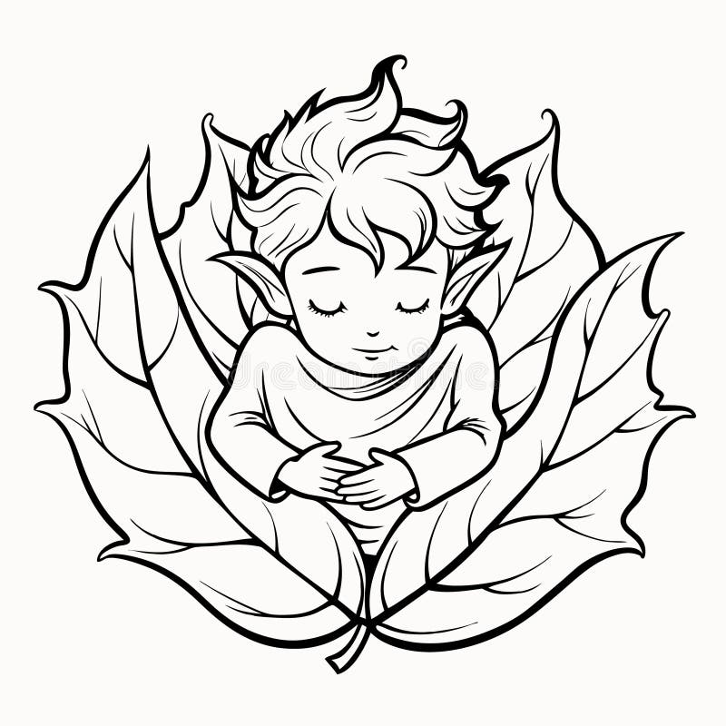 Sleeping Elf Nestled in a Leaf Black and White Illustration Stock ...