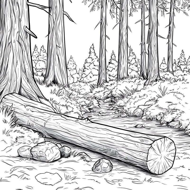 Black and White Illustration of Fallen Log in Forest Setting Stock ...