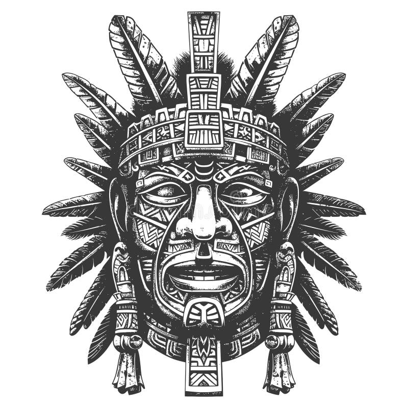 Intricate Aztec Mask with Feathers, Ancient Tribal Headpiece Design ...
