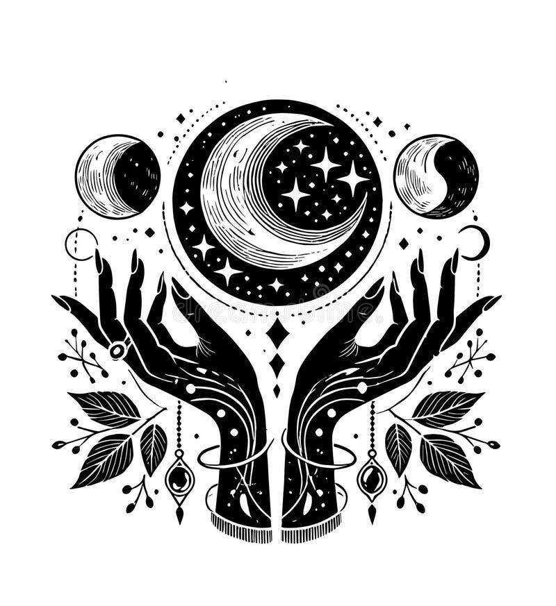 Mystical Moon and Hands with Celestial Elements - Black and White ...
