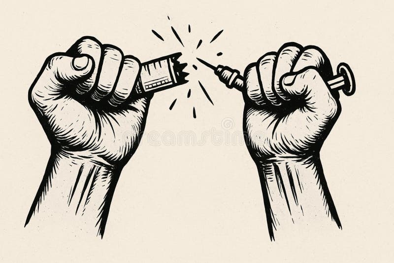 Black-and-white Illustration of Two Hands Crushing Syringe with Burst ...