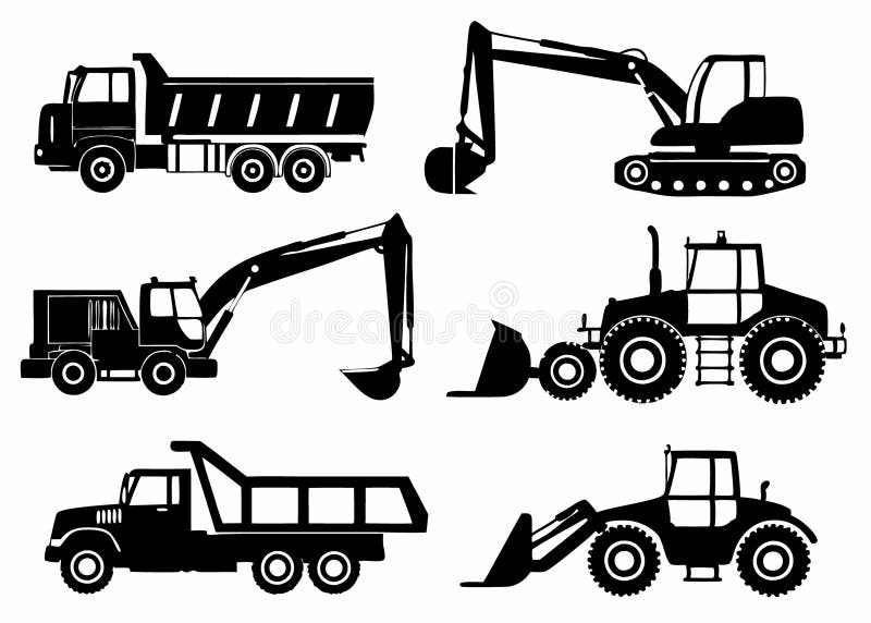 Black and White Illustration Featuring Various Construction Vehicles ...