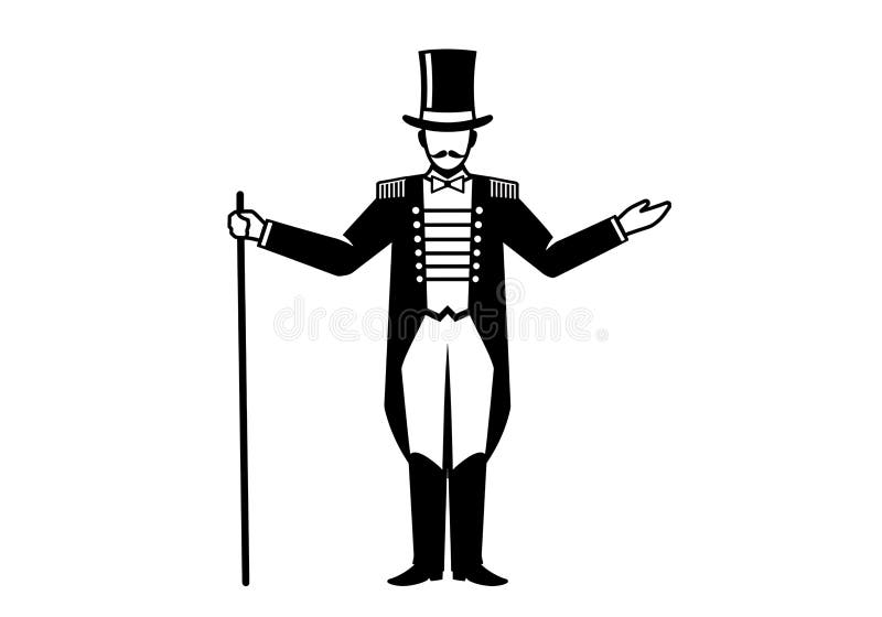 Black and White Illustration of a Formal Ringmaster Holding a Cane with ...