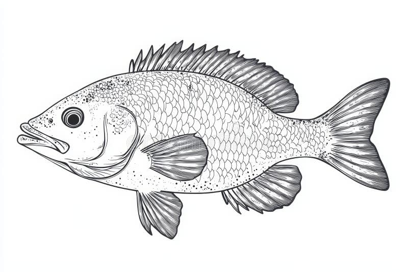 Black and White Illustration of a Freshwater Fish on White Background ...