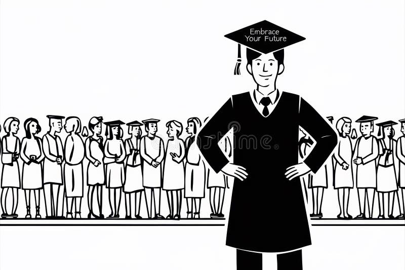 A Black and White Illustration of a Graduate Standing in Front of His ...