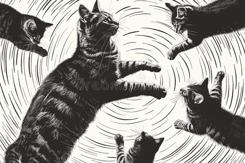 A Black and White Illustration of a Group of Cats Playing with Each ...
