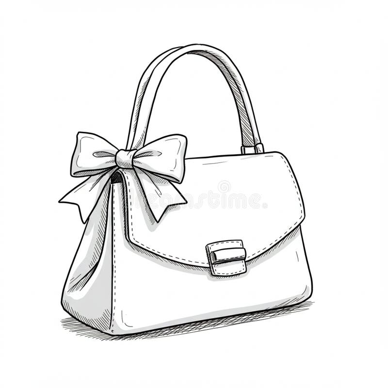 Black and White Illustration of a Handbag with a Large Bow Attached To ...