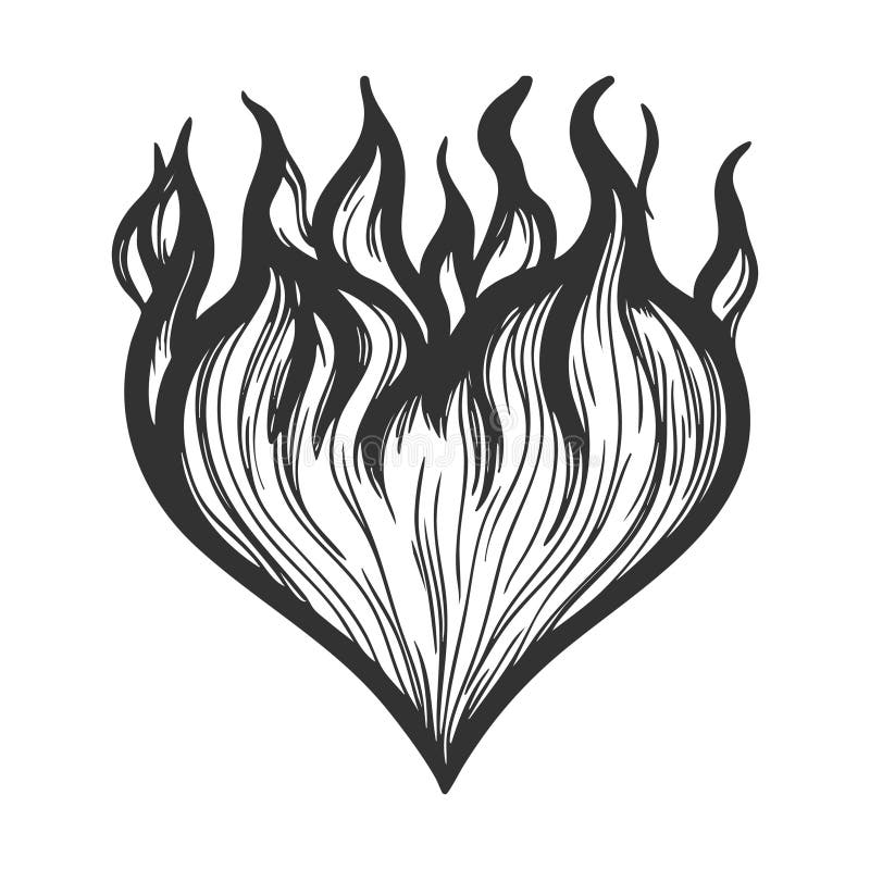 Black and White Illustration of a Heart on Fire Symbolizing Passion ...