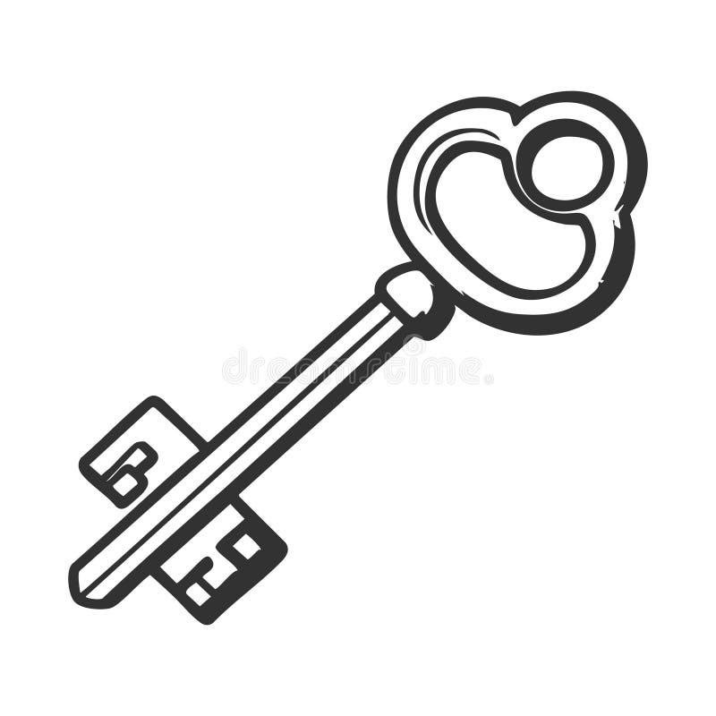 Black and White Illustration of a Heart-shaped Vintage Key. Stock ...