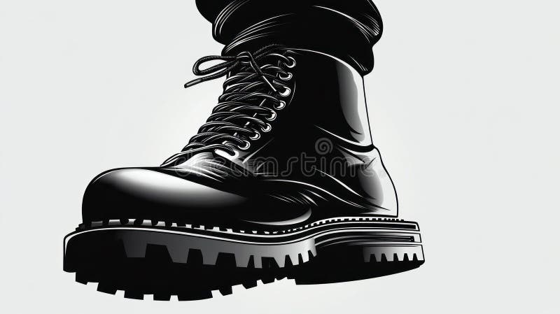 Black and White Illustration of Heavy Combat Boot Stepping Down Stock ...