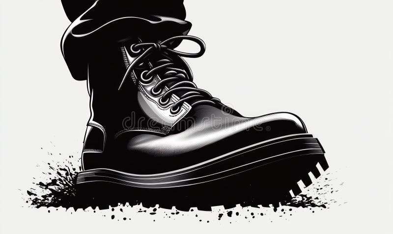Black and White Illustration of Heavy Combat Boot Stepping Down Stock ...