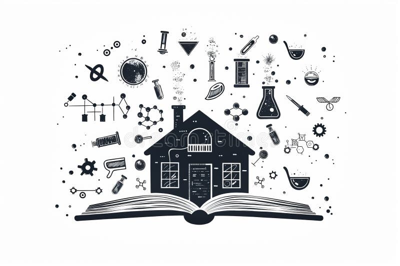 A Black and White Illustration of a House Surrounded by Science Icons ...