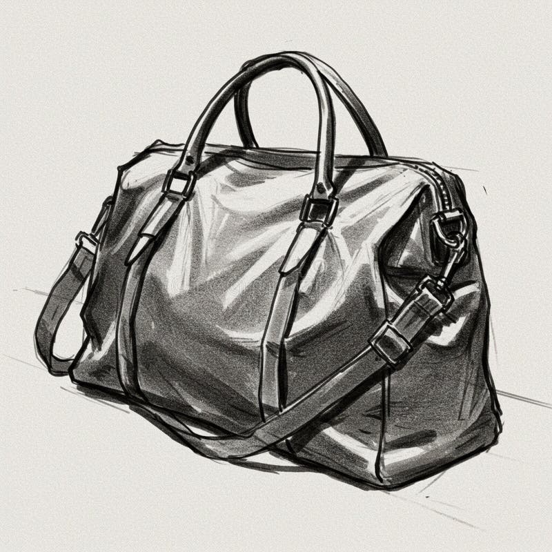 A Black and White Illustration of a Large Duffel Bag with Visible ...