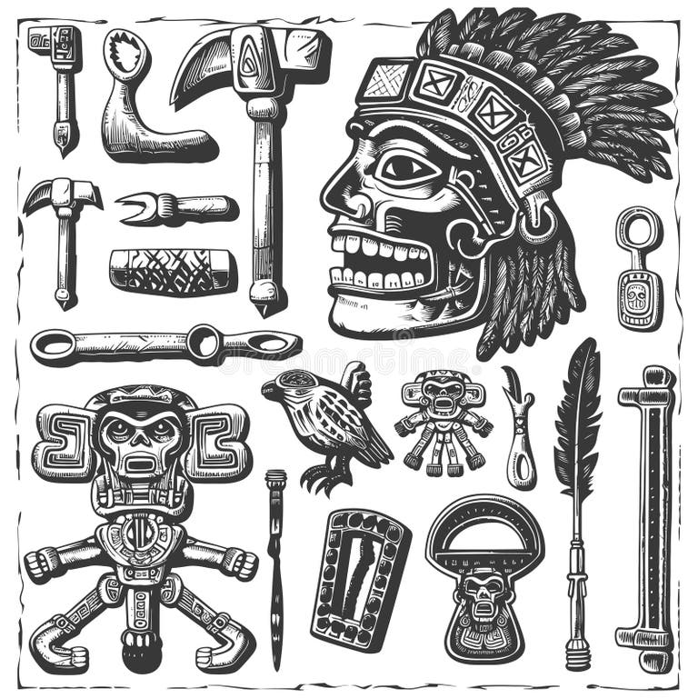 Black and White Illustration of Mayan Artifacts and Tools Stock Vector ...