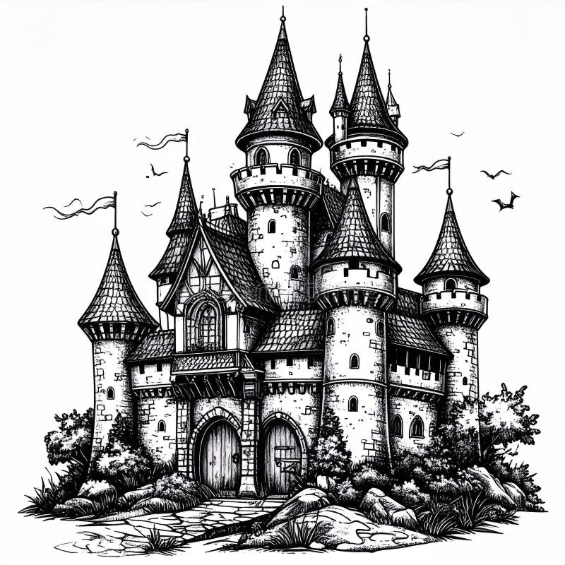 Black and White Illustration of a Medieval Castle Stock Illustration ...