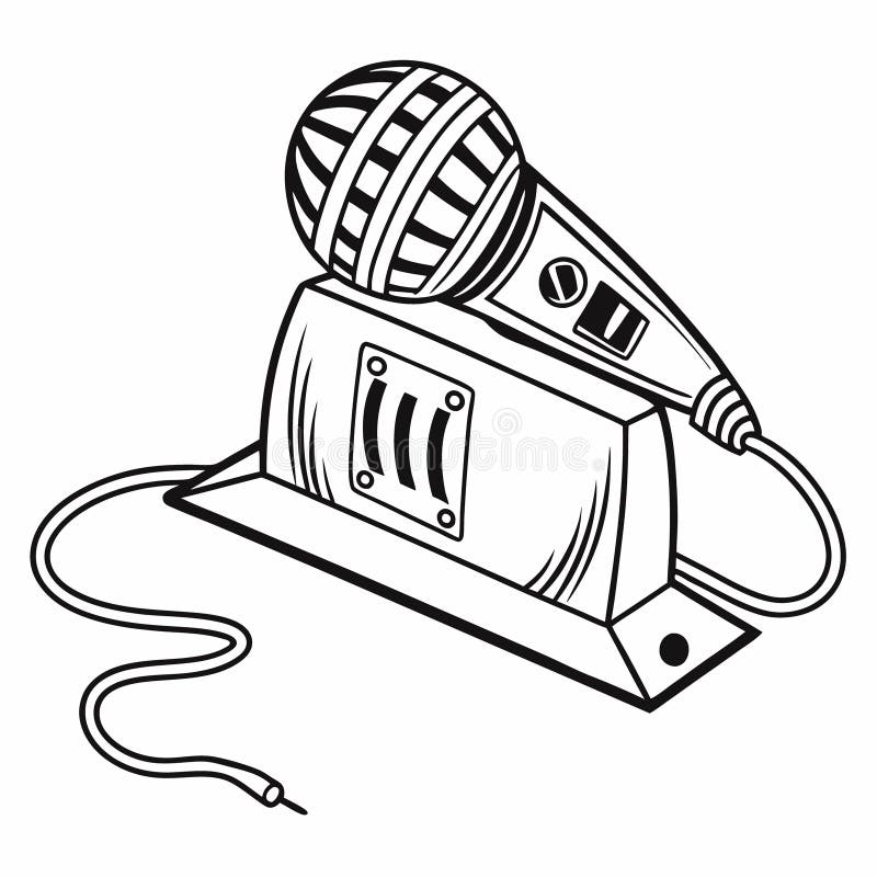 Black and White Illustration of a Microphone Resting on a Small Stand ...