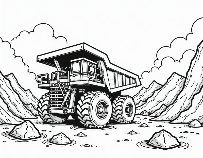 Black and White Illustration of a Mining Dump Truck in a Mountainous ...