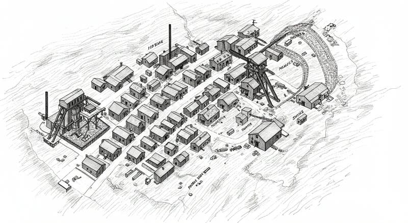 Black and White Illustration of a Mining Settlement with an Organized ...