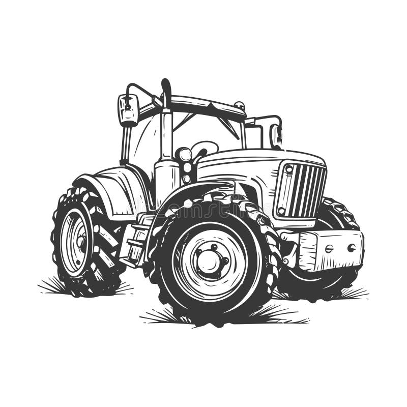 Powerful Farm Tractor Illustration, a Detailed Black and White Drawing ...