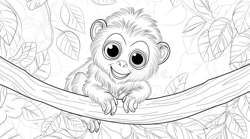 A Black and White Illustration of a Monkey Sitting on a Branch Stock ...