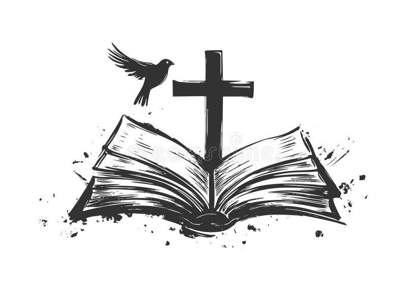 Black and White Illustration of an Open Book with a Cross and Bird ...