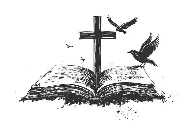 Black and White Illustration of an Open Book with a Cross and Birds ...