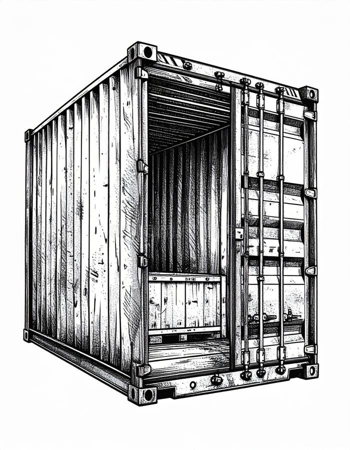 Black and White Illustration of an Open Shipping Container Stock ...