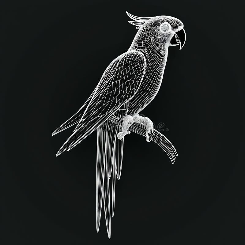 Black and White Illustration of a Parrot, Its Intricate Wireframe ...
