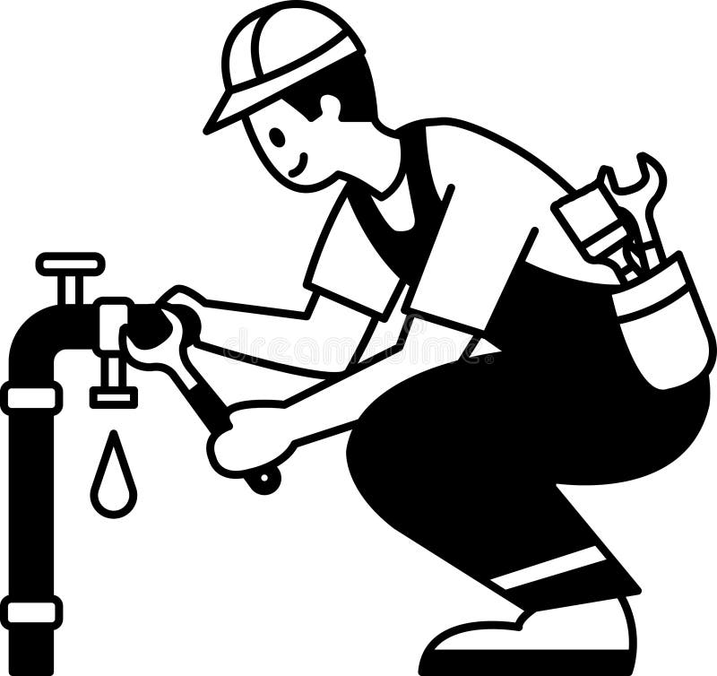 Black and White Illustration of the Plumber is Fixing a Leaking Pipe ...