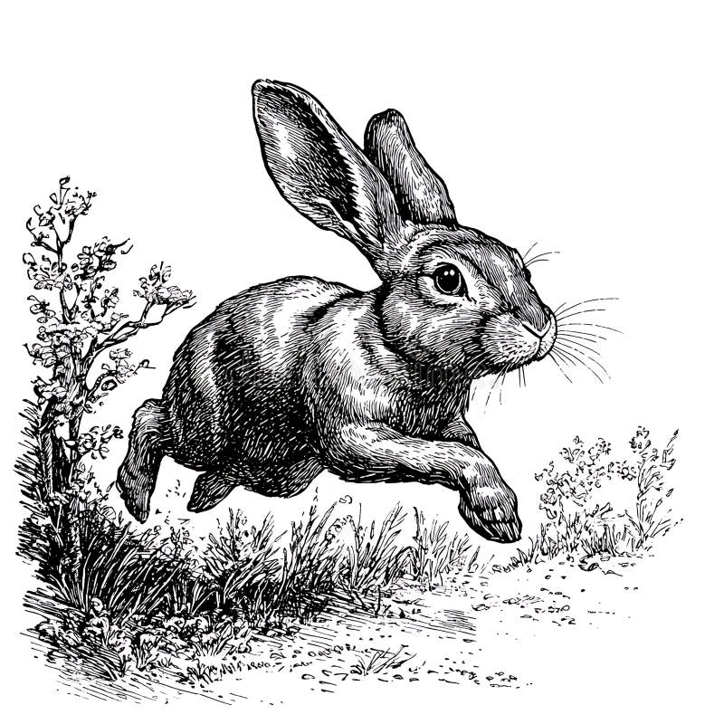 A Black and White Illustration of a Rabbit Leaping through Grass Stock ...