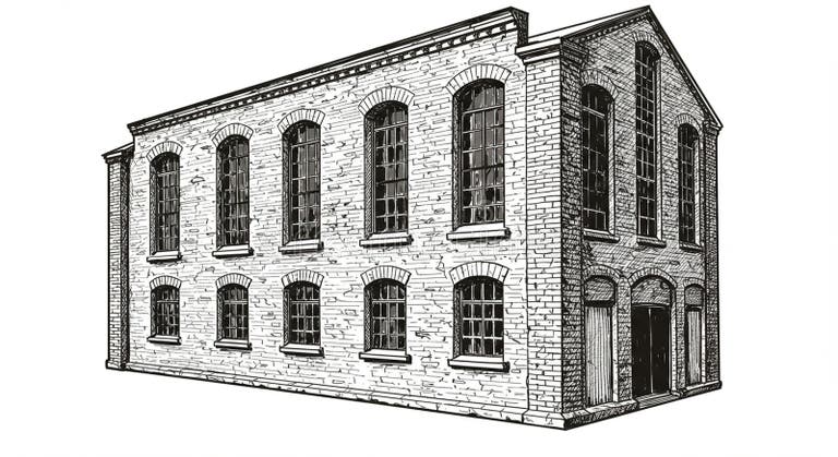 A Black and White Illustration of a Rectangular Brick Building ...