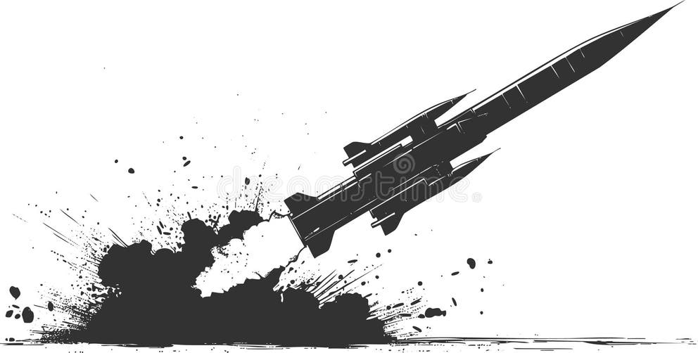 Black and White Illustration of a Rocket Launching with Smoke and ...