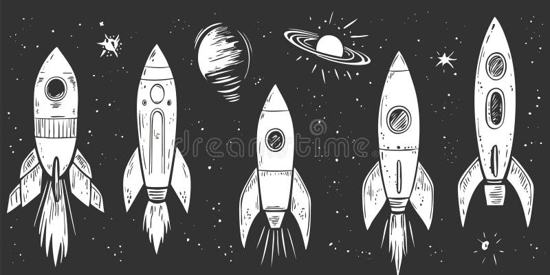 Black and White Illustration of Rockets with Stars and Planets. Stock ...