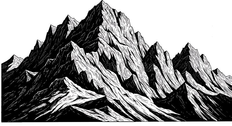 Black and White Illustration of a Rugged Mountain Range with Sharp ...