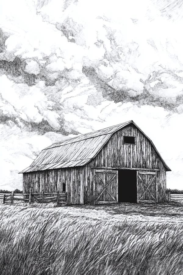 Black and White Illustration of a Rustic Barn in a Field with ...