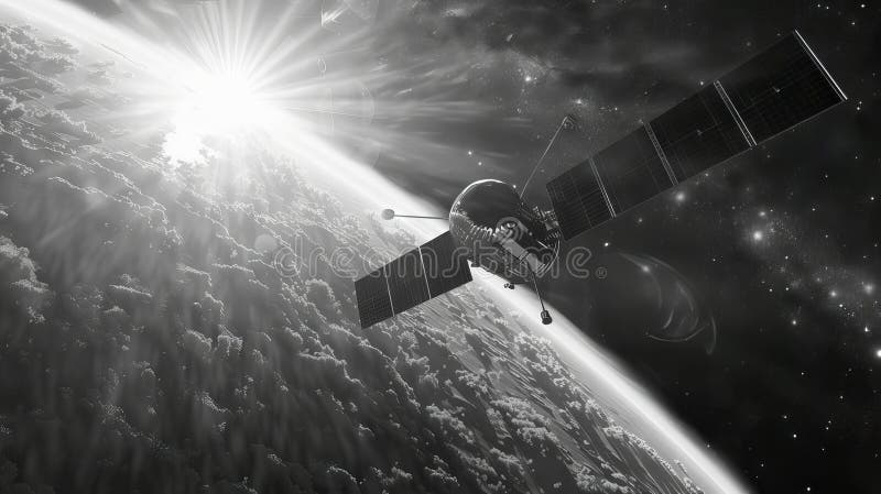 Black and White Illustration of a Satellite Orbiting Earth in Space. Concept of Satellite ...