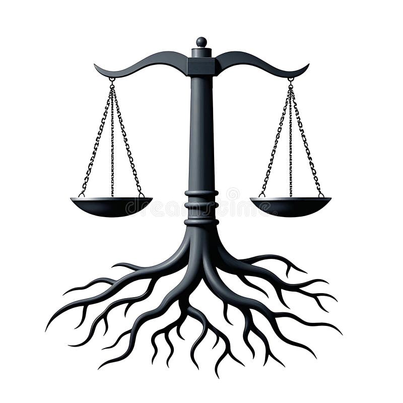 Black and White Illustration of Scales of Justice with Roots ...