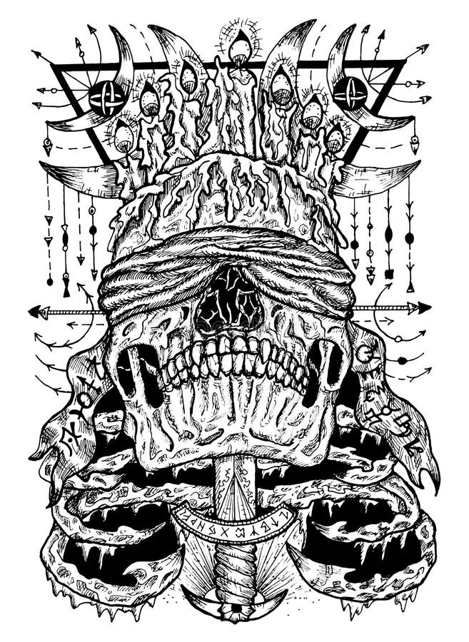 Black and White Illustration with Scary Blind Skull Stabbed with the ...