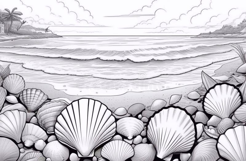 Black and White Illustration of Sea Coast, Seashells Stock Illustration ...