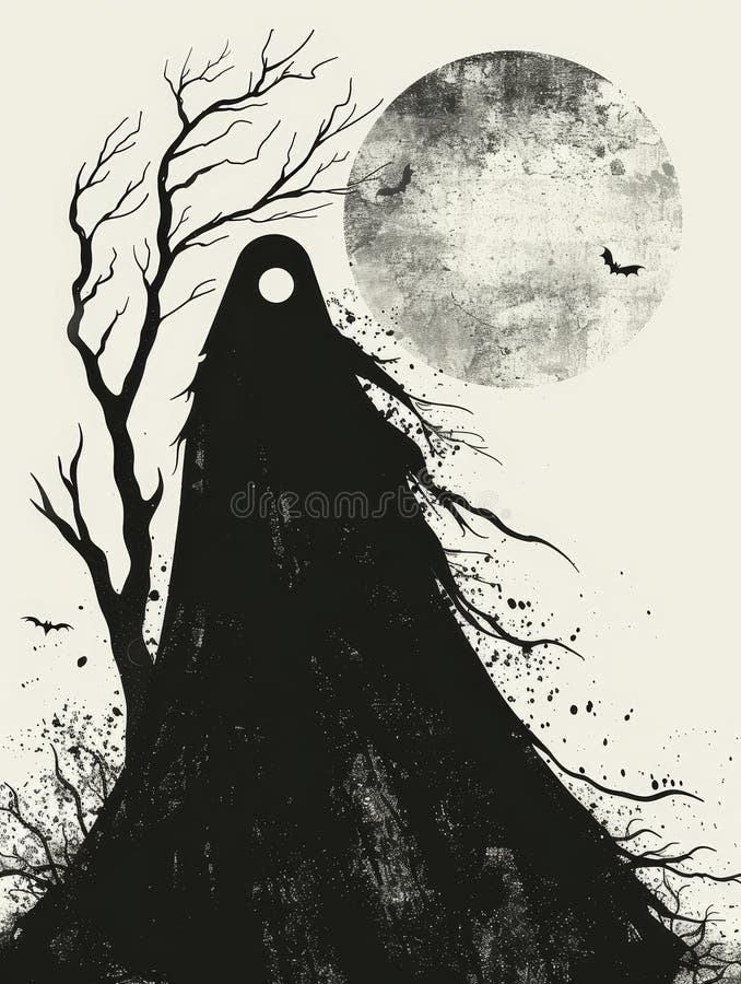 A Black and White Illustration of a Shadowy Figure Standing Under a ...