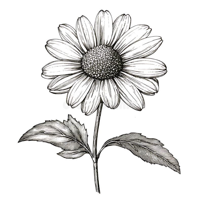 Black and White Illustration of a Single Daisy Flower with Leaves and ...